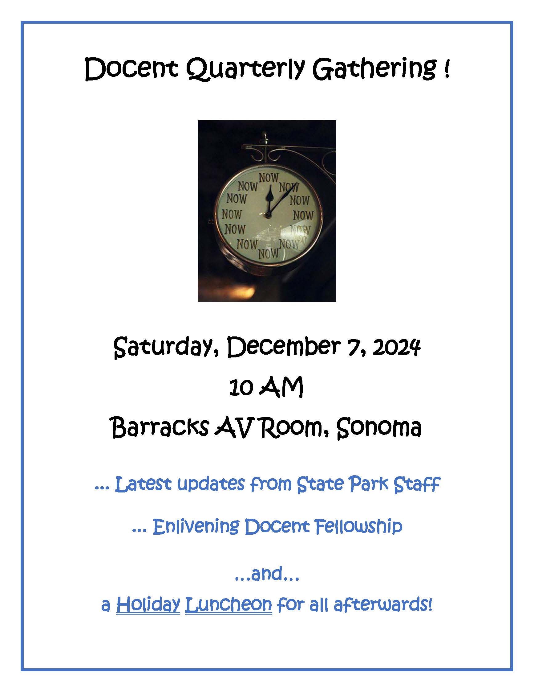 Sonoma Parks » Docent Organization Quarterly Meeting December 7, 2024